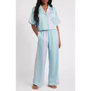 OPEN EDIT Boxy Everyday Satin Pajamas Blue Multi Sunrise Stripe