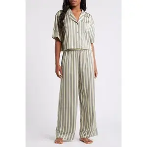 OPEN EDIT Boxy Everyday Satin Pajamas Green Halo Charlie Stripe