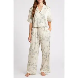 OPEN EDIT Boxy Everyday Satin Pajamas Ivory Dove- Teal Silo Floral