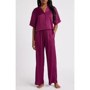 OPEN EDIT Boxy Everyday Satin Pajamas Purple Magenta