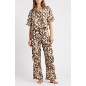 OPEN EDIT Boxy Everyday Satin Pajamas - Tan Mixed Animal