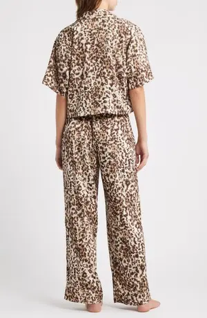 OPEN EDIT Boxy Everyday Satin Pajamas - Tan Mixed Animal