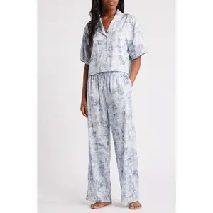 OPEN EDIT Boxy Everyday Satin Pajamas Teal Multi Painted Scroll