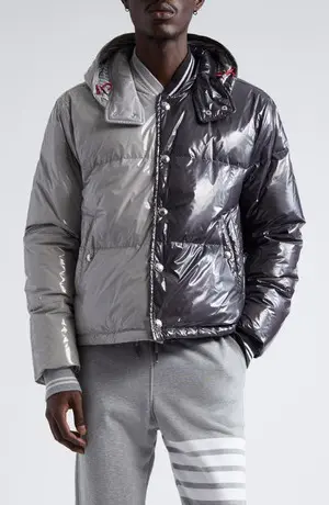Thom Browne Colorblock Down Puffer Jacket With Removable Hood - Light Grey