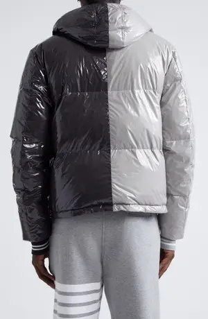 Thom Browne Colorblock Down Puffer Jacket With Removable Hood - Light Grey