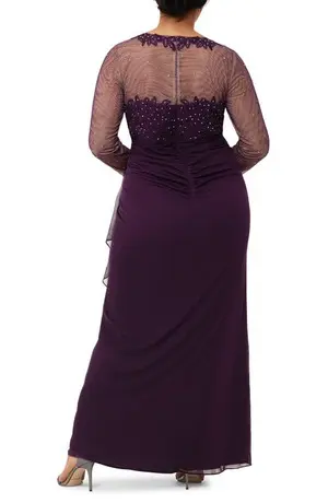 XSCAPE EVENINGS Embellished Illusion Long Sleeve Ruched Gown