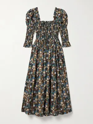 DÔEN Bijou Shirred Floral-print Organic Cotton-voile Midi Dress - Multi