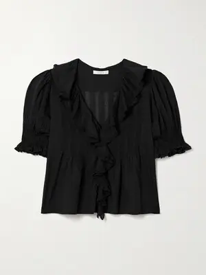 DÔEN Henri Ruffled Pintucked Organic Cotton-voile Top - Black