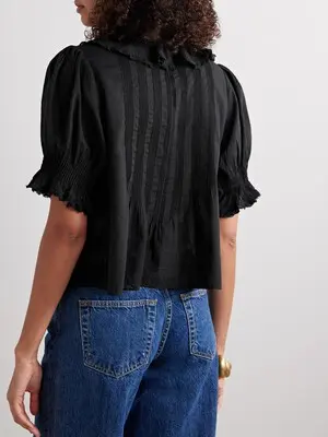 DÔEN Henri Ruffled Pintucked Organic Cotton-voile Top - Black