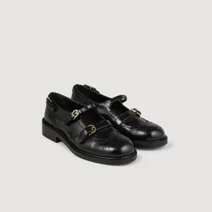 Sandro Leather Mary Jane Loafers With Buckle Straps - Black