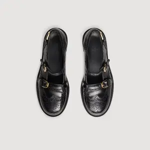 Sandro Leather Mary Jane Loafers With Buckle Straps - Black