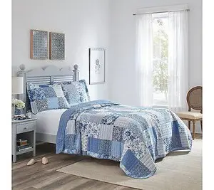 Laura Ashley Paisley Patchwork Bright Blue Full Queen Quilt-sh
