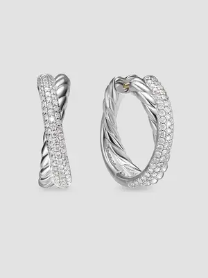 David Yurman Crossover Hoop Earrings In Sterling Silver With Diamonds, 22.4mm - Diamond