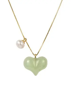 SEREE Puffed Heart Jade And Pearl Pendant Necklace - Light Green