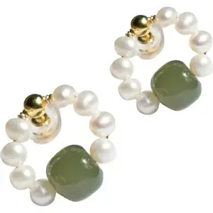 SEREE Isa Beaded Pearl And Jade Hoop Earrings - Light Green