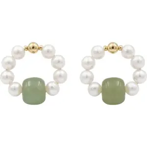SEREE Isa Beaded Pearl And Jade Hoop Earrings - Light Green