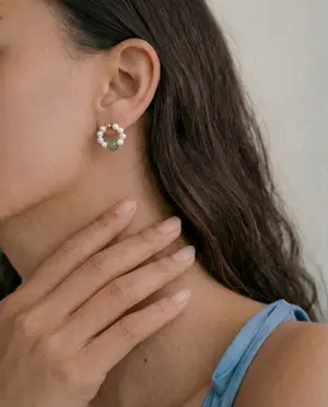 SEREE Isa Beaded Pearl Jade Hoop Earrings - Light Green