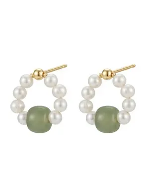 SEREE Isa Beaded Pearl Jade Hoop Earrings - Light Green