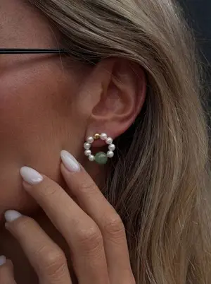 SEREE Isa Beaded Pearl Jade Hoop Earrings - Light Green
