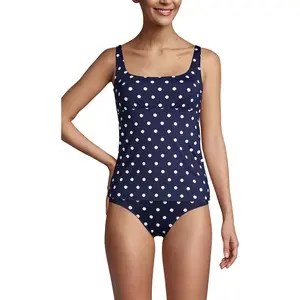 LANDS' END D-cup Square Neck Underwire Tankini Swimsuit Top Deep Sea Polka Dot