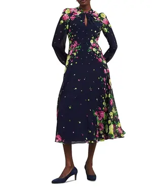 HOBBS LONDON Eva Floral Print Silk Midi Dress - Navy Multi