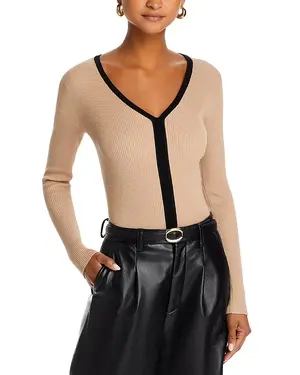 T Tahari V-neck Ribbed Sweater - Toasted Almond/black