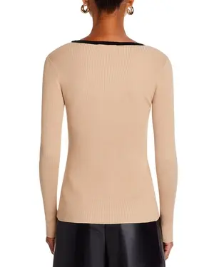 T Tahari V-neck Ribbed Sweater - Toasted Almond/black