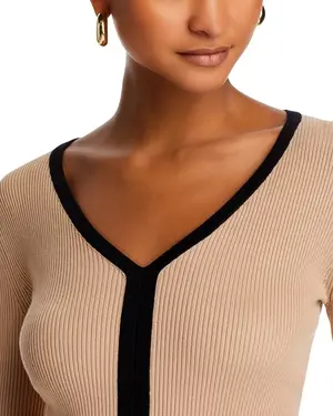 T Tahari V-neck Ribbed Sweater - Toasted Almond/black