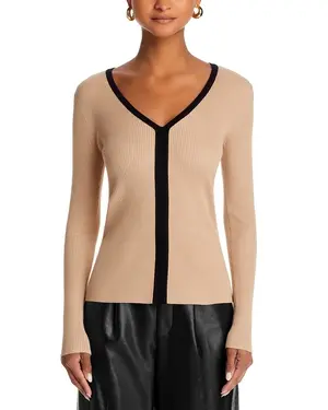 T Tahari V-neck Ribbed Sweater - Toasted Almond/black
