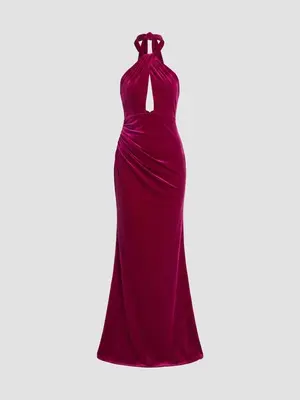 Mac Duggal Draped Velvet Halter Column Gown - Berry