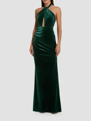 Mac Duggal Draped Velvet Halter Column Gown - Emerald