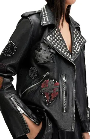 ALLSAINTS College Stud Detail Leather Biker Jacket - Black