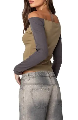 EDIKTED Contrast Off-the-shoulder Crop Top - Olive