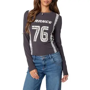 EDIKTED Frenchy Long Sleeve Graphic T-shirt - Dark-gray