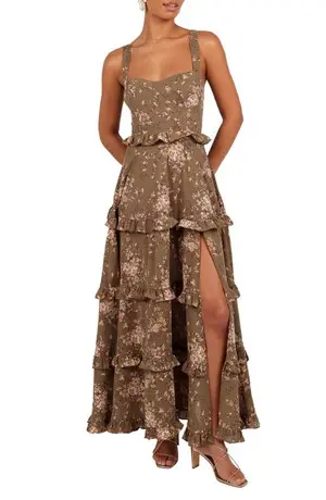 PETAL & PUP Lillee Tiered Maxi Dress - Olive Print
