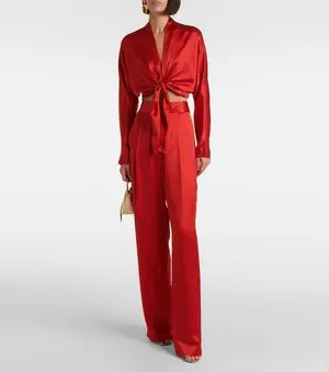 THE SEI High-rise Wide-leg Silk Satin Pants - Red