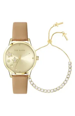 Ted Baker London Fitzrovia Leather Strap Watch & Bracelet Set - Yellow Gold/ Gold/ Tan