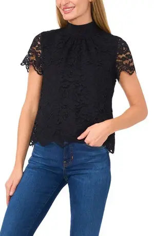 CECE DUPRAZ Bow Mock Neck Lace Top