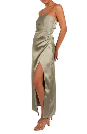 PETAL & PUP Kara Strapless Stretch Satin Gown - Olive