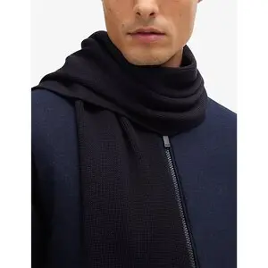 BOSS Raschel-knit Logo-embroidered Wool Scarf - Dark Blue