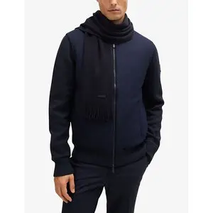 BOSS Raschel-knit Logo-embroidered Wool Scarf - Dark Blue