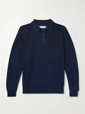 CORRIDOR Ribbed Organic Mercerised Cotton Polo Shirt - Blue