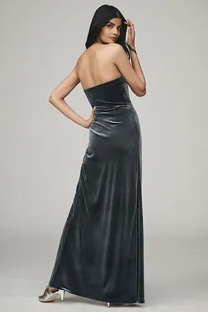 Bhldn Luella Strapless Side-slit Stretch Velvet Maxi Dress
