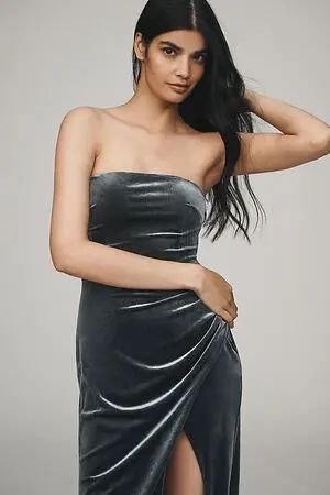 Bhldn Luella Strapless Side-slit Stretch Velvet Maxi Dress