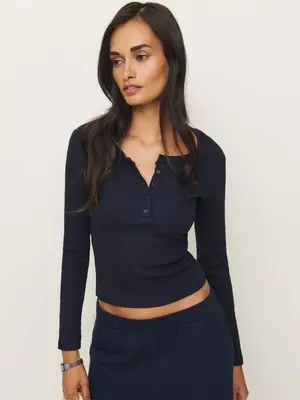 REFORMATION Long Sleeve Henley T-shirt - Blue
