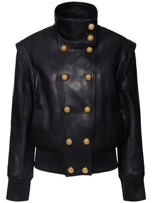 Balmain High Collar Leather Bomber Jacket - Black