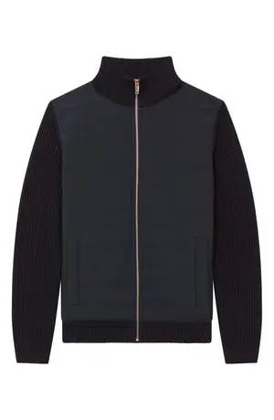 REISS Trainer Quilted & Ribbed Hybrid Jacket - Navy