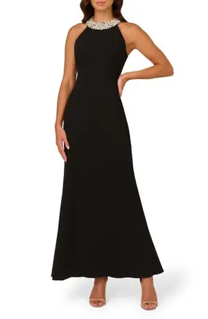 Adrianna Papell Imitation Pearl Embellished Neck Mermaid Gown - Black
