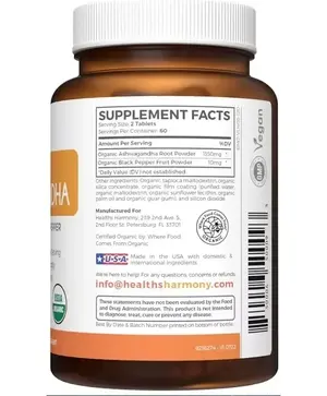 HEALTHS HARMONY Usda Organic Ashwagandha Tablets