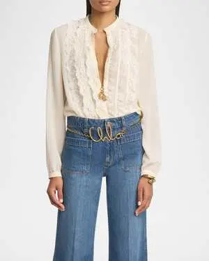 Chloé Chloe Lace-Ruffle Bib Silk Button-Down Top - Pristine White